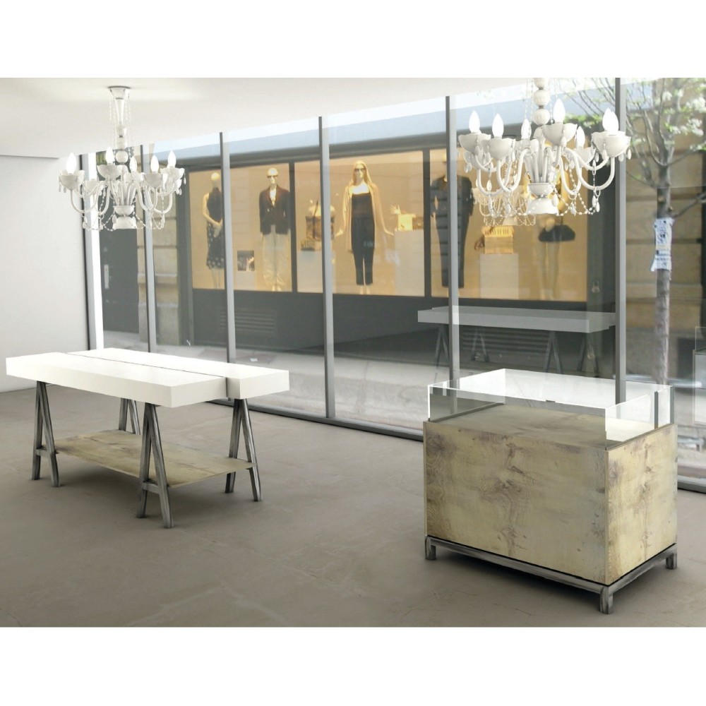 Vitrine d'exposition pour agencement de magasin avec socle et tiroir